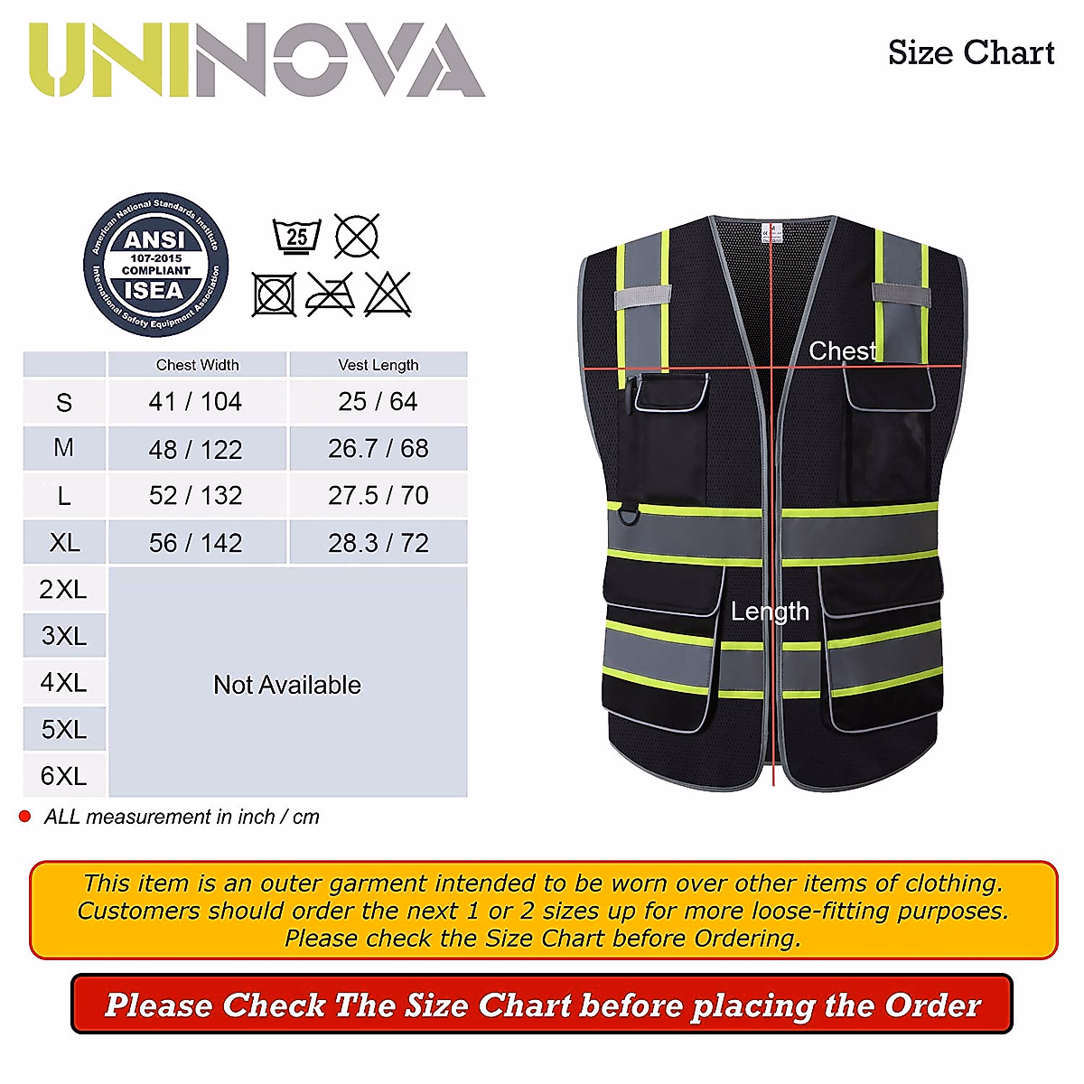 UNINOVA High Visibility Safety Vest - Multi Pockets Reflective Mesh Breathable Workwear, ANSI/ISEA Standards (Large, Black Mesh-02)