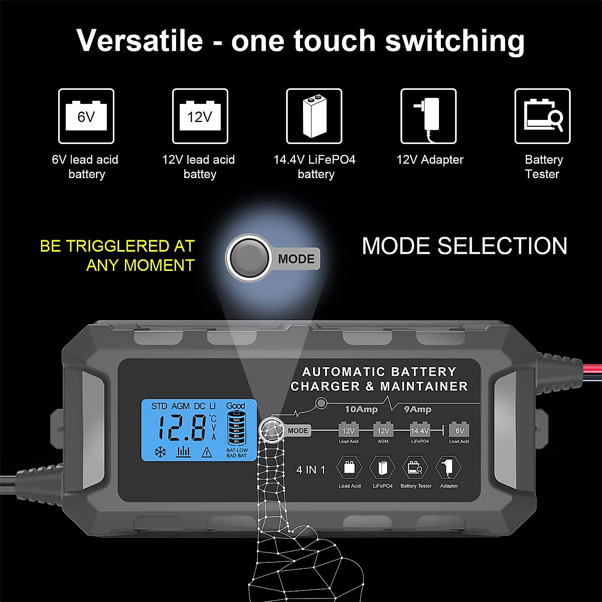 Andeman 10-Amp Automotive Smart Battery Charger, 6V 12V 10A / 14.4V 9A Portable Battery Tender Car Battery Charger, Deep Cycle Battery Maintainer for Car Truck Motorcycle SUV UTV ATV RV Motorboat