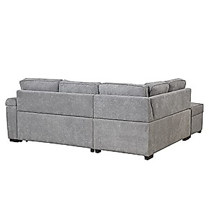 Polibi 5-Seat Sleeper Sofa Bed with Storage Ottoman, USB Charging Ports, Cup Holder on Armrest and 2 Pillows, L-Shape Convertible Pull-Out Sofa Upholstered Couch for Living Room, Grey