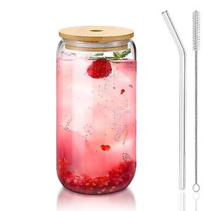DAMCONME Glass Cups with Lids and Straws 1Pack,Glass Coffee Cups,Glass Cup with Lid for Iced Coffee,Smoothie,Cocktail,Beer,Whiskey,Soda,Matcha,16 Oz Glass Cup with Bamboo Lid,1 Brush