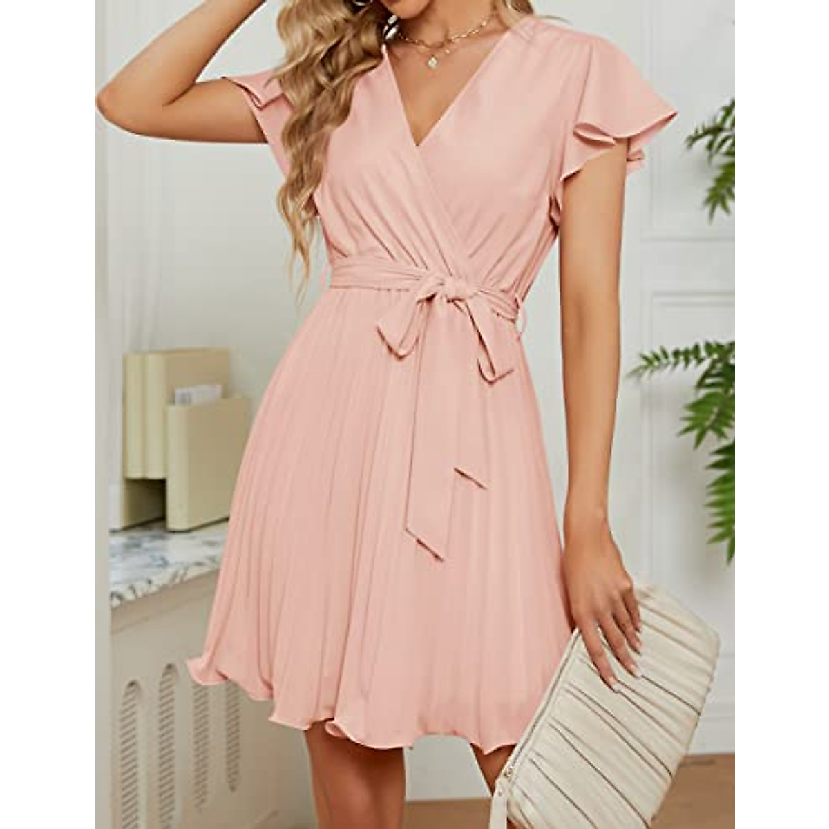 ZESICA Women's Wrap V Neck Mini Dress 2023 Summer Flutter Sleeve Tie Waist Pleated A Line Swing Wedding Party Short Dresses,LightPink,Large