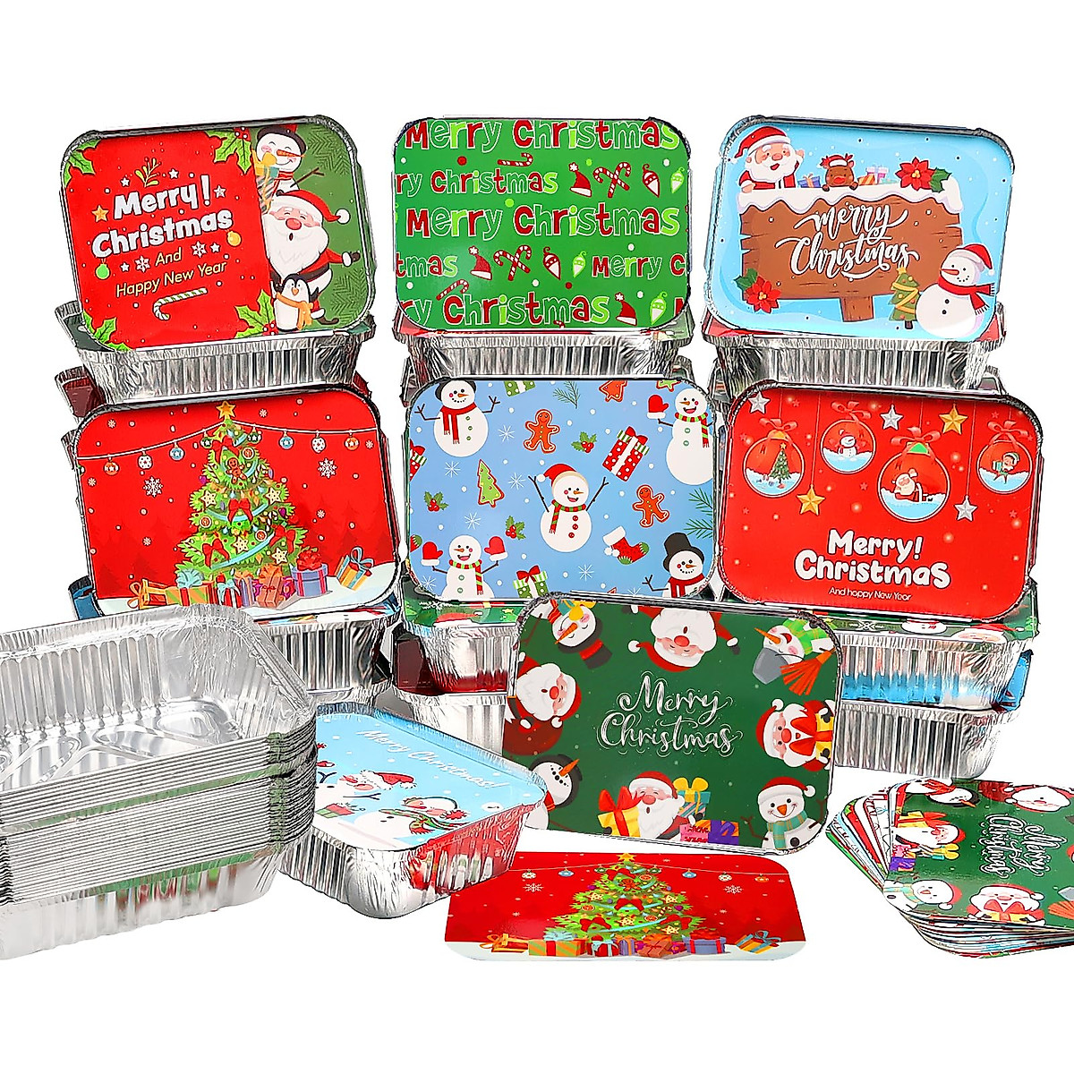 40Pcs Christmas Aluminum Pans With Lids,Disposable Food Containers Cookie Tins for Gift Giving in 8 Holiday Designs, Takeout Foil Pans with Covers for Holiday Leftovers Cookie Exchange Baking 5x7x2in