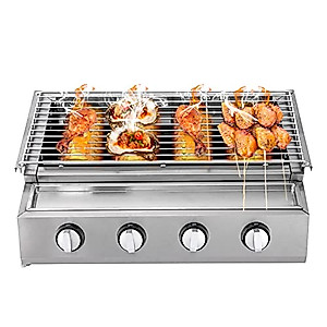 4 Burner Outdoor Tabletop Propane Gas Grill, Portable BBQ Grills Smokeless Griddle Barbecue Grill Table, Stainless Steel Grill