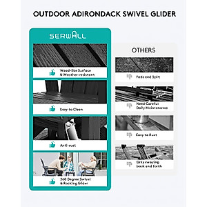 SERWALL Adirondack Swivel Glider Chair, HDPE Swivel Glider Set of 2 for Outdoor, All-Weather Glider Chair for Porch, Balcony, Midnight Black