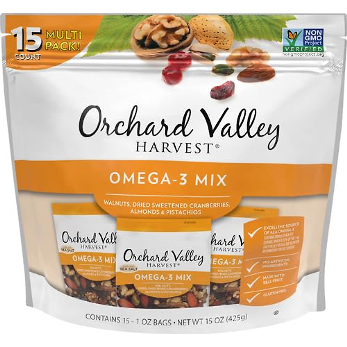 Orchard Valley Harvest Omega-3 Mix, 1 Ounce Bags (Pack of 15), Walnuts, Cranberries, Almonds, and Pistachios, Gluten Free, Non-GMO, No Artificial Ingredients