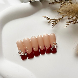 LLAOIMB French Square False Nails, 24pcs Red Acrylic Press on Nails with Star Designs, Full Cover Glossy Glue on Nails for Women