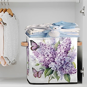 TULIMET Purple Hydrangea Butterfly 13 In Cube Storage Bin Fabric Storage Cubes Organizer with Handles, Foldable Decorative Cube Basket for Organizing, Clothes, Closet, Shelves