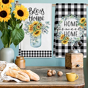 AnyDesign Summer Sunflower Kitchen Towel Buffalo Plaids Dish Cloths Floral Dish Towel Home Hand Towels Sweet Hand Drying Tea Towel for Seasonal Holiday Cooking Baking Cleaning Wiping, 18 x 28 In, 2Pcs