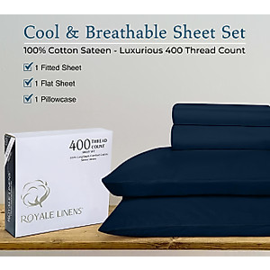 ROYALE LINENS 400 Thread Count 100% American Grown Cotton 4 Piece Sateen Queen Sheet Set - 1 Fitted Sheet, 1 Flat Sheet, 2 Pillow case - Navy Queen Bedsheet - Cotton Sheets - (Queen, Rivera Navy)