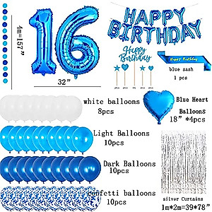 yujiaonly 16TH Birthday Party Decorations Blue Happy Birthday Foil Balloons Blue Number 16 Happy birthday Sash Cake Topper Latex and Confetti Balloons Blue original garland Banner Number 16 Blue
