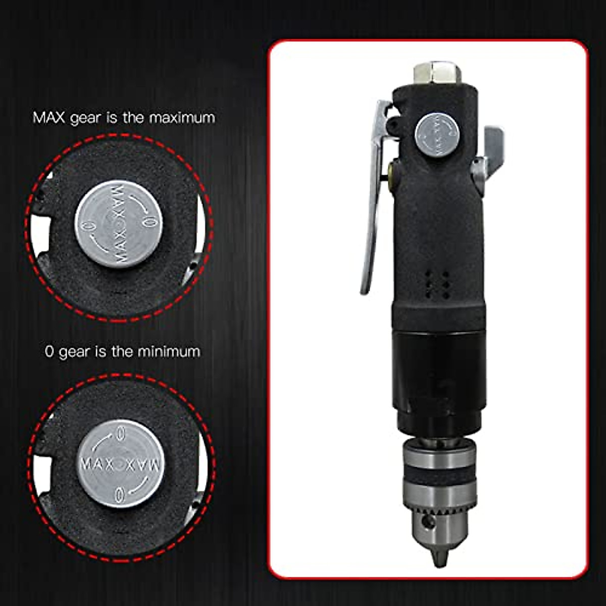 3/8in Air Drill with 3 Jaw Chuck Straight Handle Reversible Adjustable Speed Pneumatic Drilling Tool 900rpm CW CCW(European Style)