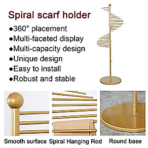 Spiral Scarf Rack, Floor Standing Scarf Shelf, Commercial Clothing Display Rack with 30 Hanger Rods, Suitable for Wardrobe Storage, Bedrooms, Clothing Shops and Dormitories (Gold)