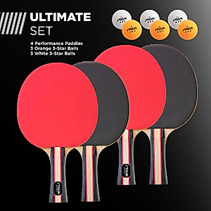STIGA Performance 4 Player Ping Pong Paddle Set of 4 – Table Tennis Rackets, 6 – 3 Star Orange and White Balls