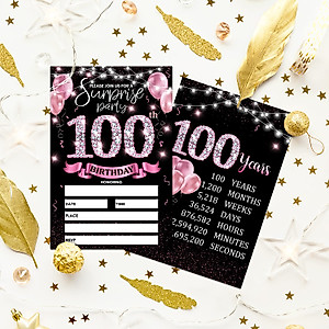 100th Birthday Party Invitation Card - Rose Gold Invites with Birthday Sign Printing On The Back Double-Sided Fill-in Invites - 20 Cards with Envelopes for Party Favors - srpink-A10