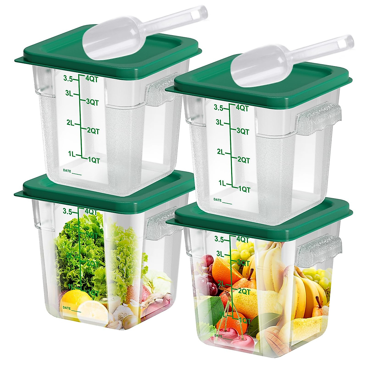 FeyBuosk 4 pcs 4qt Food Storage Containers with Lid, Square Clear Commercial Food Storage Containers with Handle and Scale for Food Storage in Home Kitchen & Dining (Green)