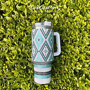 Cupcupmore 40oz Blue Diamond Bling Rhinestone Stainless Steel Sippy Tumbler Glitter Vacuum Insulated Water Bottle with Straw & Lid &Handle,Thermos for Hot & Cold Drinks,Car Cup Holder,Coffee
