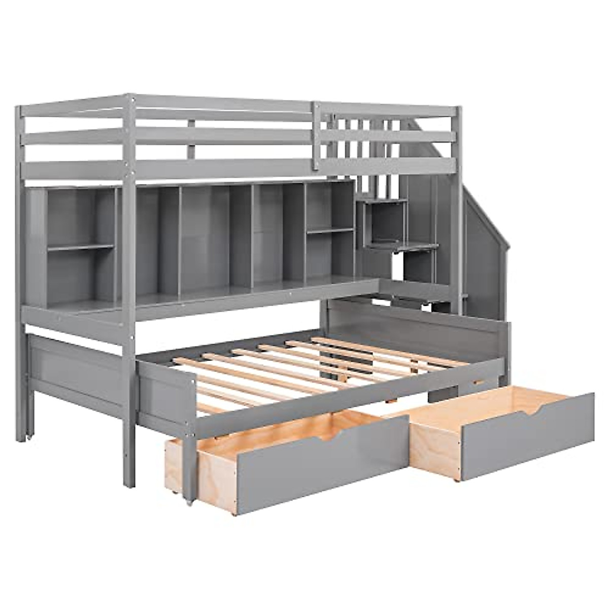 Polibi Twin XL Over Full Bunk Bed with Built-in Storage Shelves, Drawers and Staircase, Solid Wood Bunk Bed Frame with Full Length Guardrail, Grey