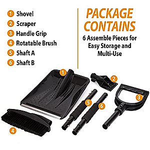 Zone Tech Snow Shovel Brush Kit 3-in-1 Replaceable Heads and Ice Scraper - Portable Snow Removal Shovel, Ice Scraper Emergency Collapsible Design, Easy Assemble and Use