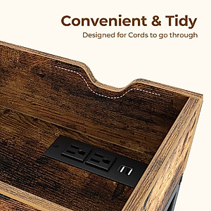 Rolanstar End Table with Charging Station, Narrow Nightstand, Flip Top Side Table with USB Ports and Storage Shelves for Small Spaces, Living Room, Bedroom, Black