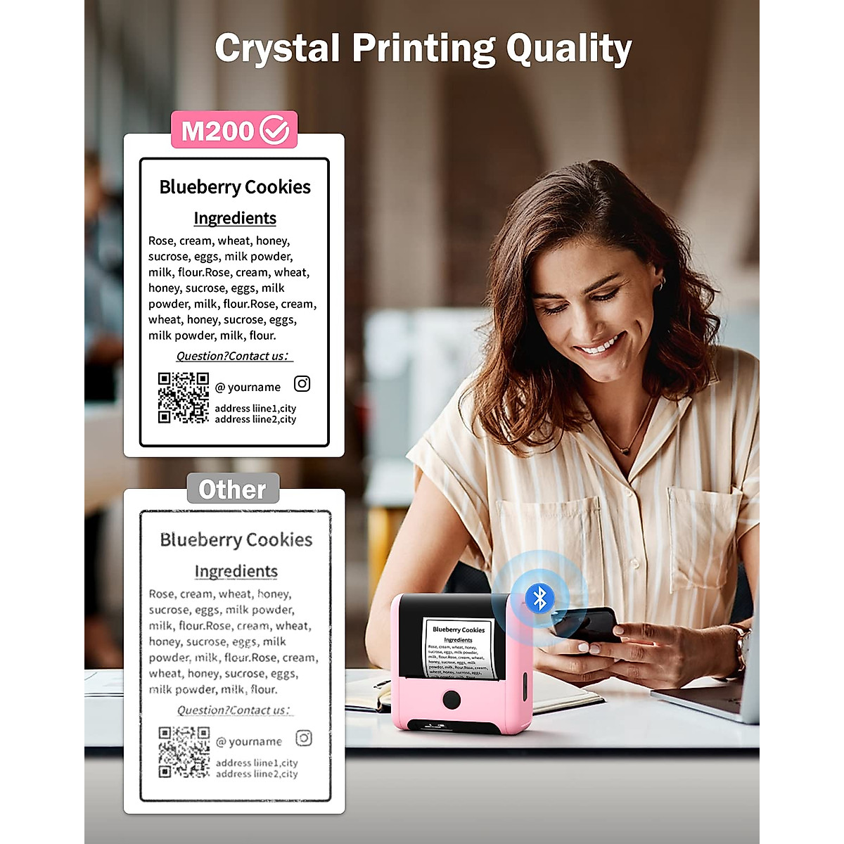 Phomemo M200 Label Makers - 3 Inch 2024 Upgrade M110 Barcode Printer Computer Bluetooth Thermal Label Makers,for Android iOS Windows MAC OS,for Shipping,Labeling,QR Code(Type-C Charger)-Pink