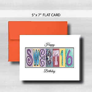 Sweet 16 Birthday Card, Milestone, 5" x 7" FLAT CARD, Pastel, Greeting Cards, Lavender, yellow, pink, blue
