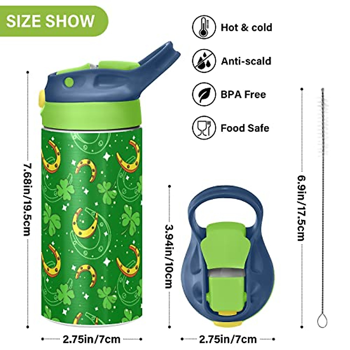 xigua Saint Patrick's Day Kids Water Bottle Double Walled Stainless Steel with Plastic Straw Wide Handle BPA-Free Leakproof Duck Mouth for Toddlers,Girls,Boys,12 oz