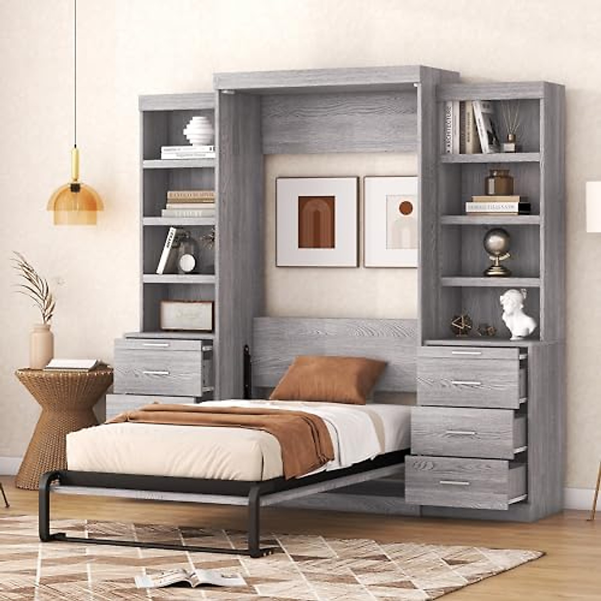 Prohon Twin Vertical Shelf Size Chest with Storage Shelves and Drawers, Saving Wall Canbe Folded into a Cabinet, Strong Wood Slat Support, Versatile Murphy Small Spaces Design Platform Bed, Gray