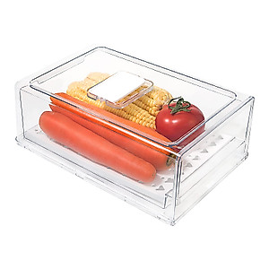 elabo Stackable Refrigerator Organizer Drawers with Removable Drain Tray, Fridge Organizer Bins, Pull Out Food Storage Container Bins with Drawer for Freezer and Kitchen, BPA-Free, Clear, 3 Pack