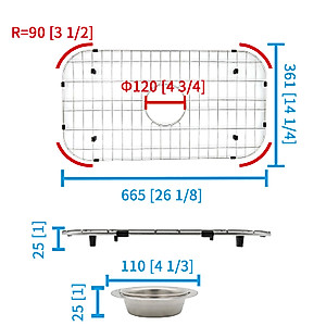 YORZSDI Sink Protectors for Kitchen Sink, 26-1/8" x 14-1/4" Stainless Steel Sink Grid with Center Drain, 304 Stainless Steel Sink Protector with Sink Strainer and Protective Rubber Feet