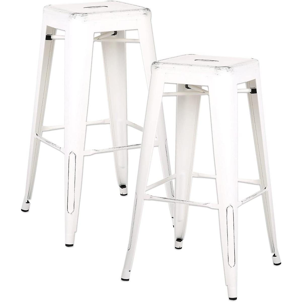 AC Pacific Backless Metal Barstools, Modern Industrial Light Weight Stackable Counter Height Bar Stools Set of 2 for Indoor and Outdoor Use, 30" High, Distressed Snow White