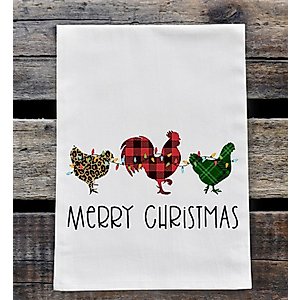 Kitchen Dish Towel - Merry Christmas Chickens with Christmas Lights Flour Sack Towel - Christmas Decoration