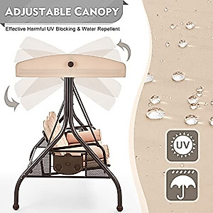 HOMREST 3 Seat Outdoor Porch Swing,Adjustable Canopy Porch Swings,Outdoor Swing with Stand, Patio Glider Chair with Thicken Cushions,Pillow & Cup Holder