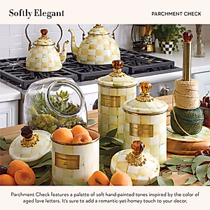 MACKENZIE-CHILDS Parchment Check Enamel Canister, Yellow-and-Cream Kitchen Storage Container with Lid, Small
