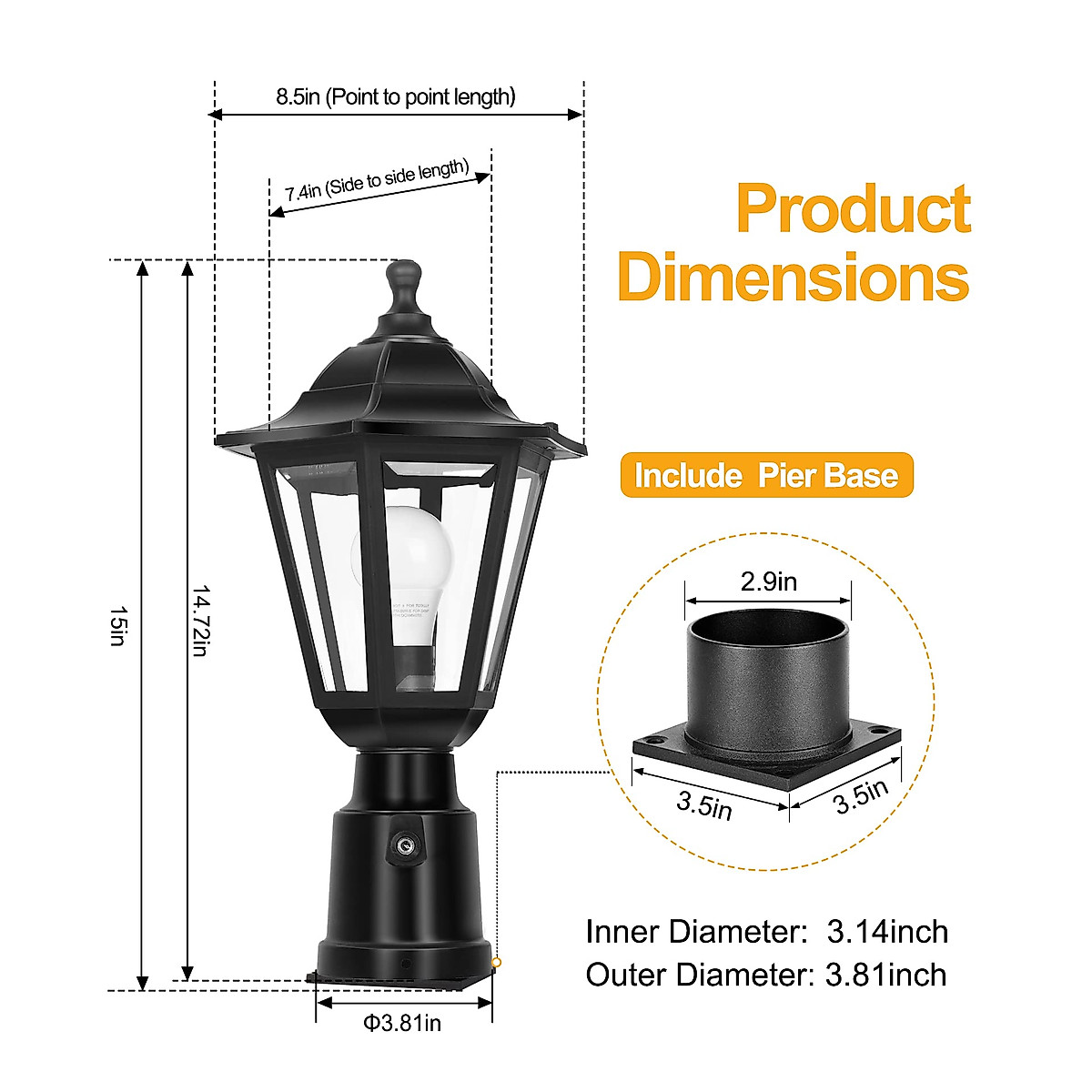 FUDESY Dusk to Dawn Sensor Outdoor Post Light, Waterproof Pole Lantern with Pier Mount Base, Exterior Plastic Lamp Light Fixture, for Garden, Patio, Pathway, FDS6163B1PS, Black, LED Bulb Included