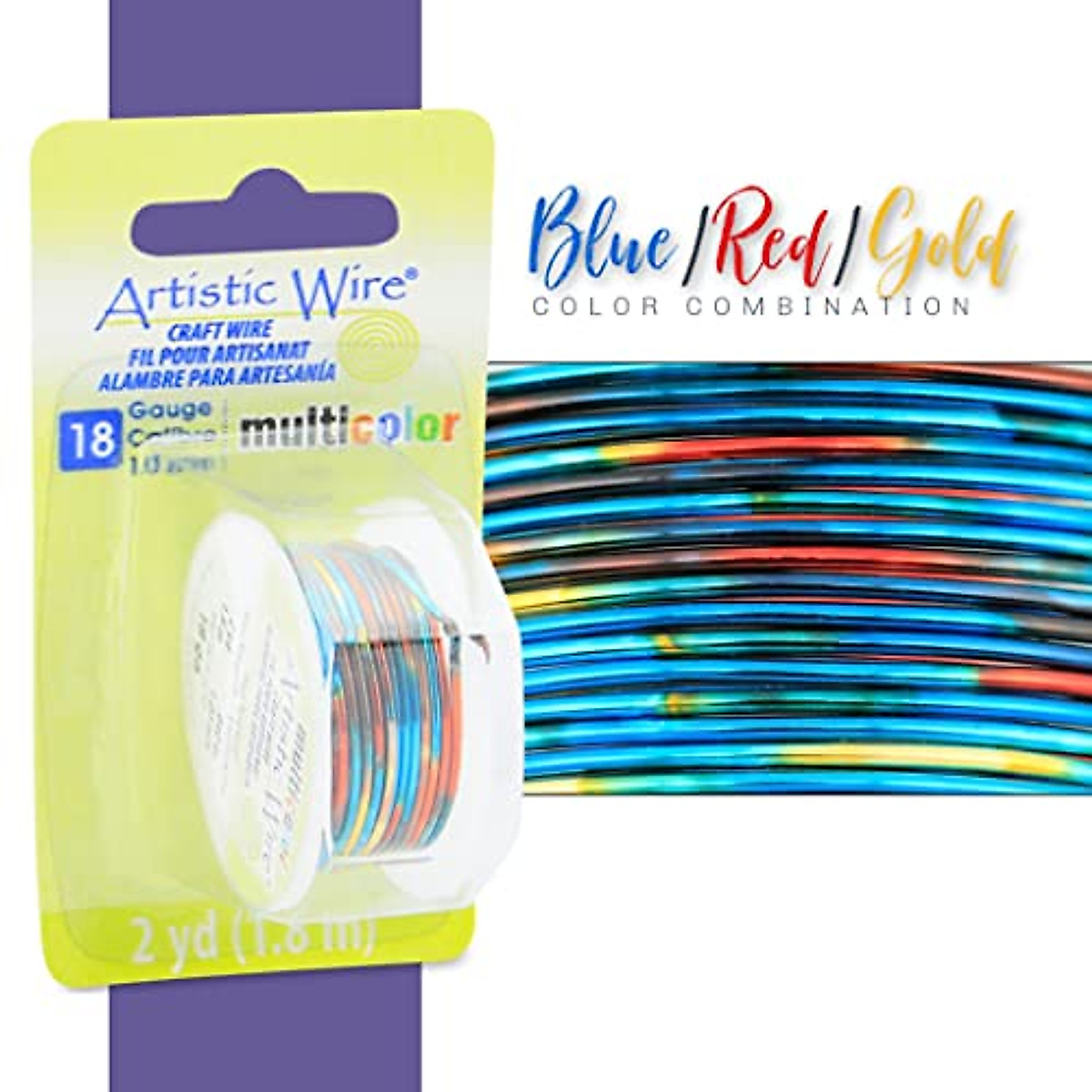 Artistic Wire Multicolor, 18 Gauge Tarnish Resistant Colored Copper Craft Jewelry Wrapping Wire Wire, Blue, Red, Gold, 2 yd