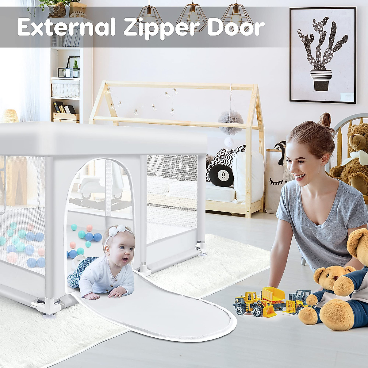 Baby Playpen Baby Playard, Playpen for Babies and Toddlers with Gate, 51x51" Small Baby Fence, Sturdy Safety Playpen, Indoor & Outdoor Kids Activity Center (with Anti-Slip Base) Silver Gray