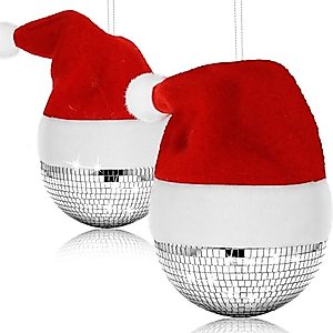 Liliful 2 Pcs Christmas Large Disco Ball Ornament With Santa Hat Silver Hanging Reflective Disco Ball for Party (12'', 8'')