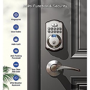 Veise Fingerprint Door Lock with 2 Lever Handles - Keyless Entry Door Lock, Electronic Keypad Deadbolt & Front Door Lock Handle Sets, Auto Lock & 1 Touch Locking, Easy Installation, Satin Nickel