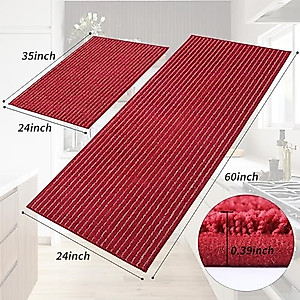 BEQHAUSE Red Kitchen Rugs Set of 2 Non-Slip Kitchen Runner Rug Washable Kitchen Mats for Floor Absorbent Soft Kitchen Area Rug for Sink,Laundry,Hallway&Kitchen 24”x35”+24”x60”