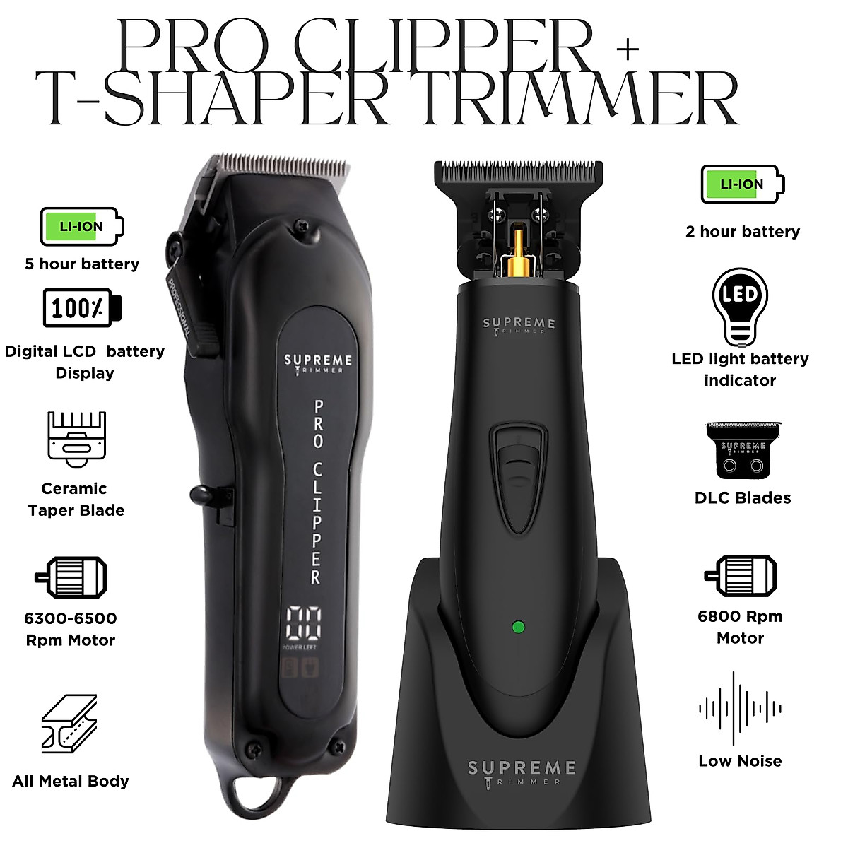 Supreme Trimmer 2-in-1 Pro Clipper & DLC T-Shaper Combo | Professional Beard Trimmer ST5206 & Hair Clipper STC5030 Barber Kit | Black