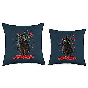 Valentines Day Black Cat with Red Rose Black Cat Rose in Mouth Valentines Day for Girls Boys Teens Throw Pillow, 16x16, Multicolor
