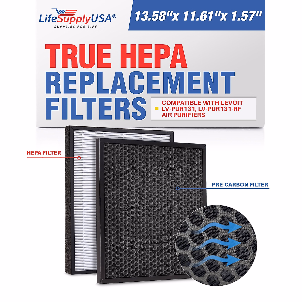 True HEPA Air Cleaner Filter Replacement Set + Activated Carbon Pre-Filter Compatible with Levoit Air Cleaner LV-PUR131, LV-PUR131-RF by LifeSupplyUSA