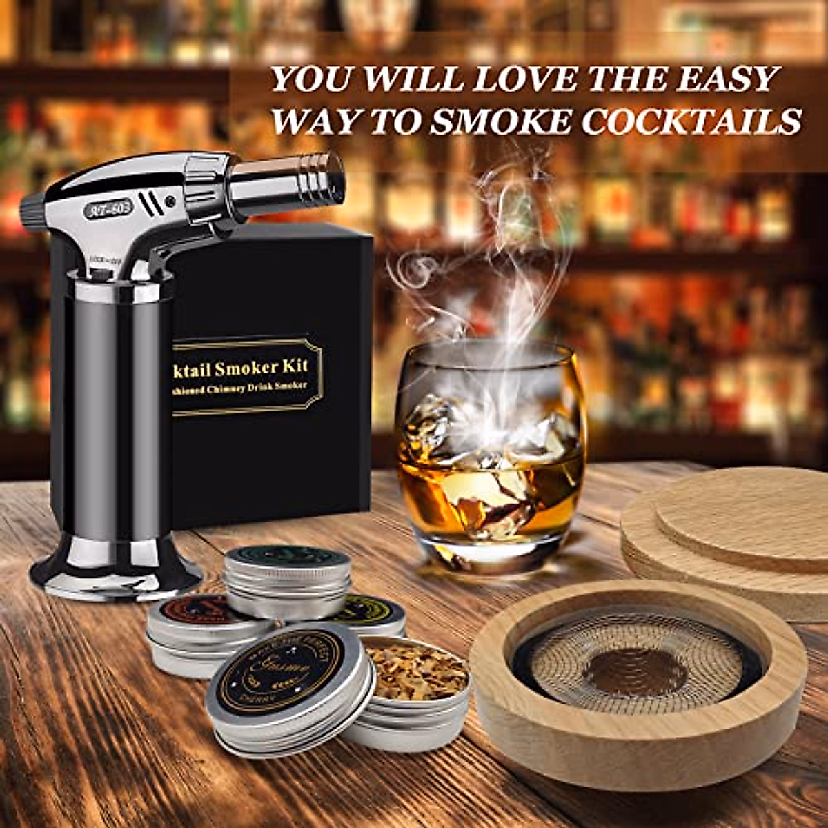 Cocktail Smoker Kit With Torch, Bourbon Smoker Kit Include Four Flavors Wood Chips,Drink Smoker, Whiskey Smoker Gifts For Men, Dad, Husband (Without Butane)