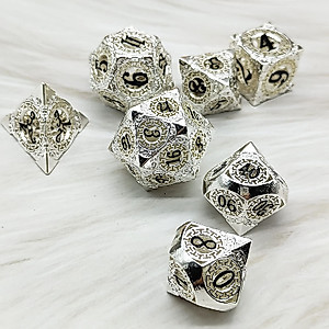 Metal Dice Set 7pcs DND - Table Game RPG Hollow Dice Silver and Black, with Metal Gift Box, Suitable for Dungeon and Dragon D&D MTG, Math Teaching, Polyhedron D4 D6 D8 D10 D10％ D20
