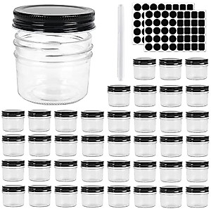 EkkoVla 40 Pack 4 oz Glass Jars with Black Lids, Regular Mouth Mini Mason Jar, Canning Jars for Baby Food, Honey, Jam, Jelly, Wedding Favor, Shower Favor, Body Butters, Spice