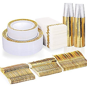 bUCLA 350PCS Gold Plastic Plates with Disposable Plastic Silverware&Hand Napkins, Gold Plastic Dinnerware Lace Design include 100 Plates,50 Forks, 50 Knives, 50 Spoons,50 Cups,50 Disposable Napkins