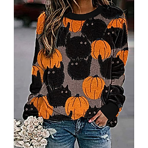 Halloween Womens Sweatshirt Printed Pumpkins - Cats Floral Print Round Neck Comfy Shirt Brown L