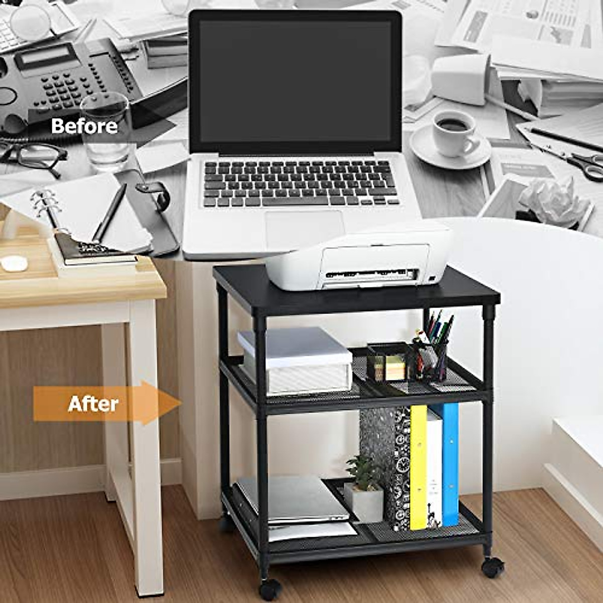 Tangkula 3-Tier Printer Stand Printer Cart, Multifunctional Utility Cart w/ Ample Storage Space, 360° Swivel Rolling & Lockable Wheels, Sturdy Iron Frame, Adjustable Heights, Organizer for Office