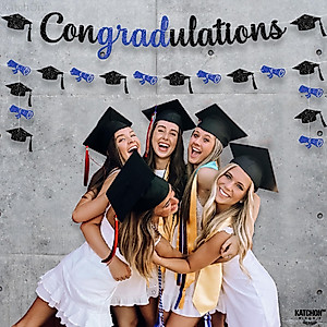 KatchOn, Glitter Congratulations Banner - 10 Feet | Pre- Strung Congrats Grad Banner | Black and Blue Graduation Decorations Class of 2024 | Graduation Cap Garland for Congratulations Decorations