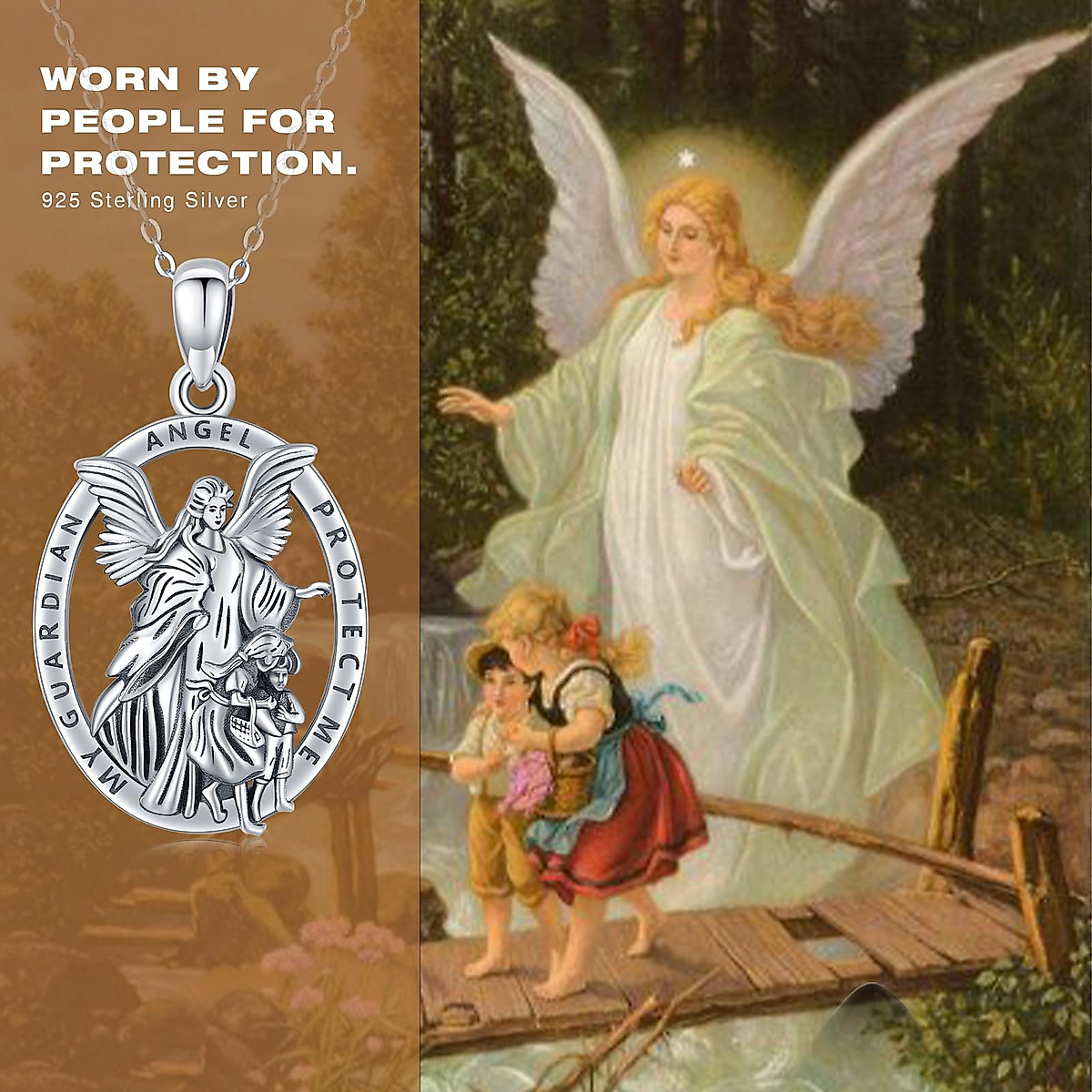 Brisskaari Guardian Angel Necklace 925 Sterling Silver Guardian Angel Medal Guardian Angel Protect Me Pendant Angel Necklace Protection Catholic Jewelry for Women Men
